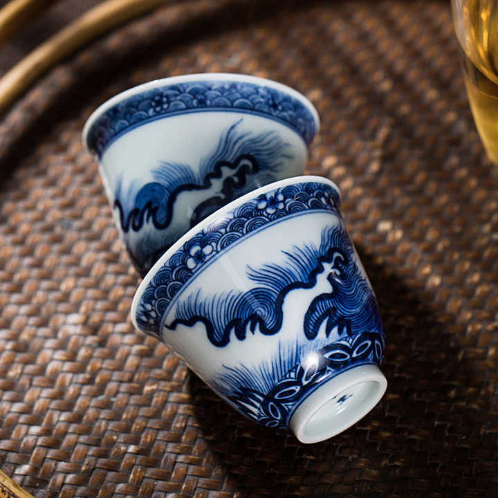 Zhong'S Kiln Ceramic Tea Cup Jingdezhen Kung Fu Tea Set Blue and White Hand-Painted Wave Pattern ...