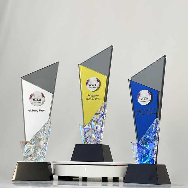 Blue Gold Crystal Rainbow Mirror Trophy Award With Oem