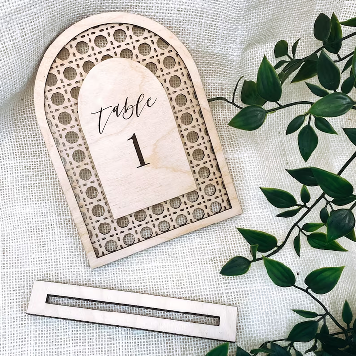 Custom Boho Wedding Signage - Rattan Wooden Table Numbers