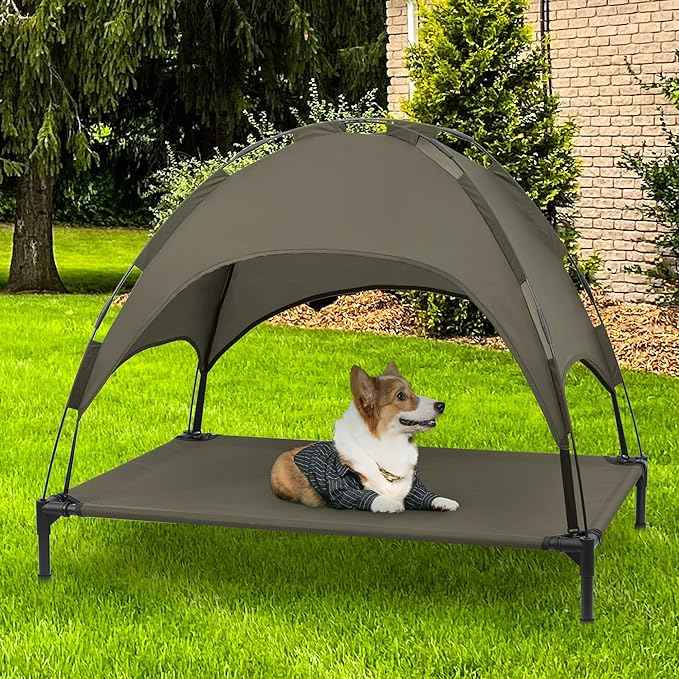 MCCOO Elevated Dog Bed Folding Cat Kennel with Canopy Foam Cushion ...