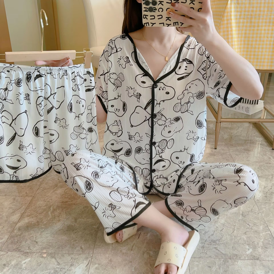 Women's Three-Piece Cardigan Sleepwear Set Spring and Summer Long Pants ...