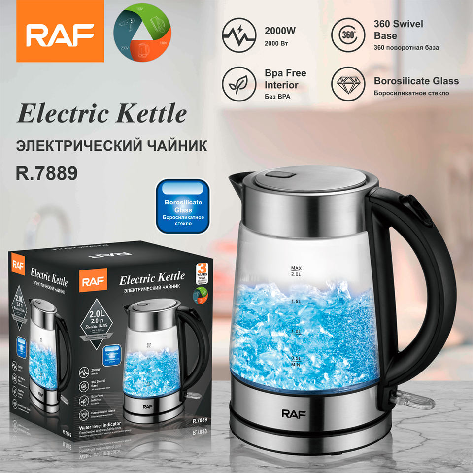 RAF Electric Kettle 2000W 2L Capacity Borosilicate Glass Body With BPA Free Interior and 360 ...