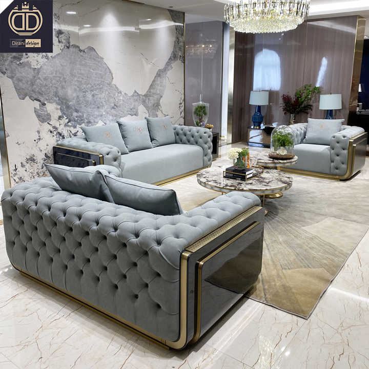 High End Blue Gold Modern Luxury Living Room Villa Sofa Set