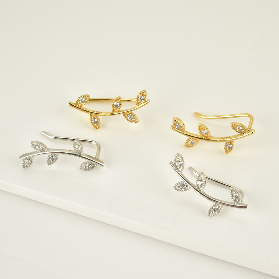 FUAMAY Women's Leaf Ear Climbers Crawlers Cuff Earrings Zircon Gold ...