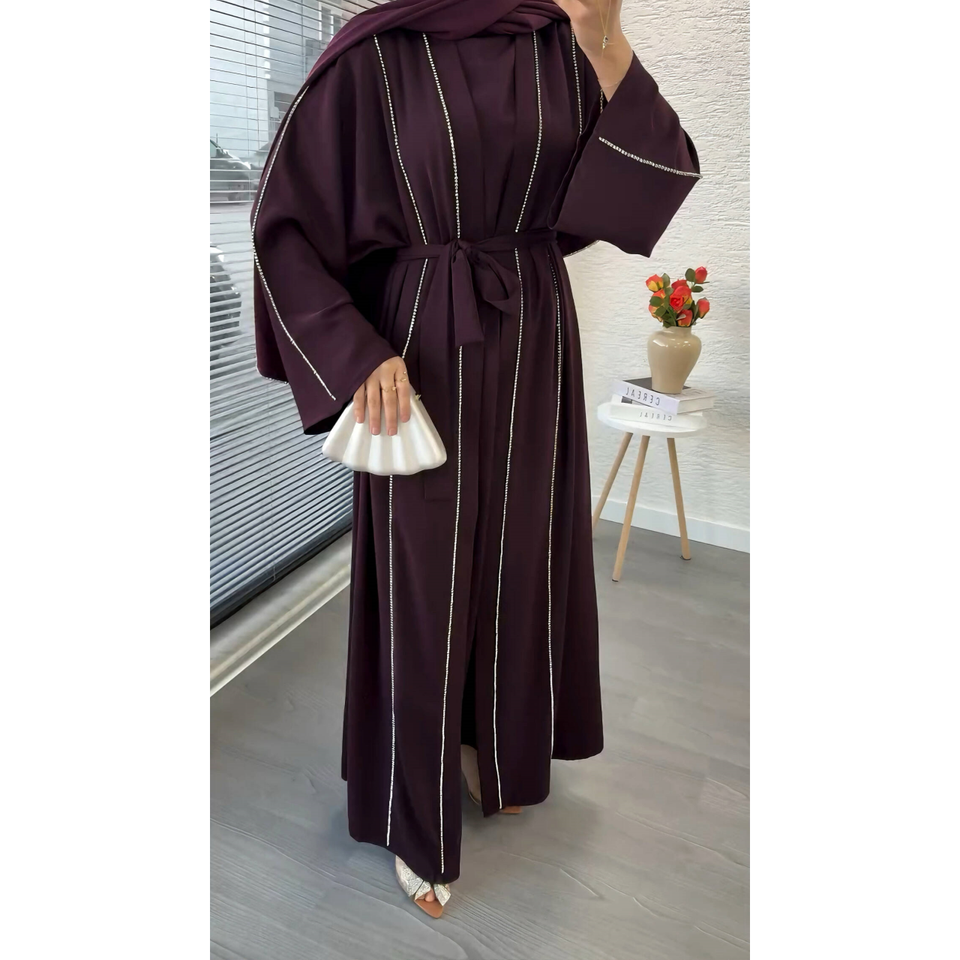 Custom Luxury Rhinestone Trim Tie Belt Muslim Cardigan Outer Robe Abaya ...