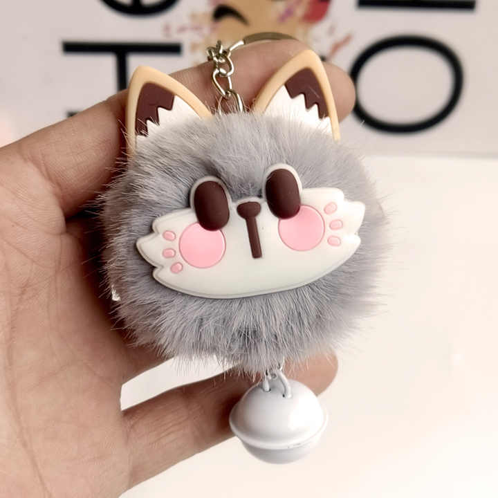 Plush Japanese Fortune Lucky cat Keychains Puff Fluffy Fur Ball Bell ...
