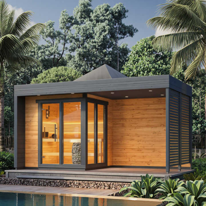 Prefabricated Wooden Outdoor Sauna Room with LED & Hot Tub Spa Cabin ...