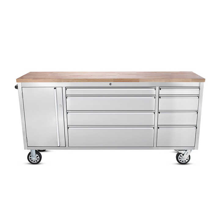 Hyxion 72 Inch Stainless Steel Tool Box with Wooden Top