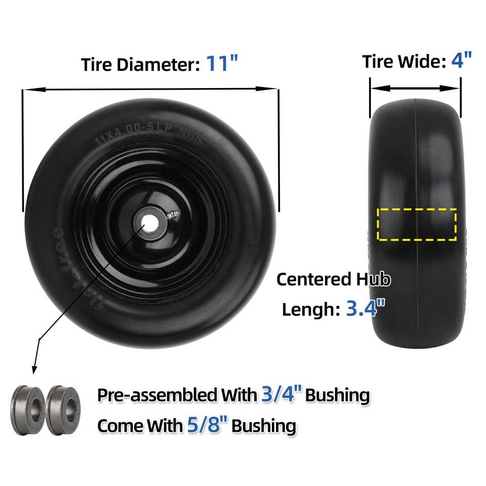 11x4.00-5" Flat Free Lawn Mower Tire - Smooth Tread PU Foam