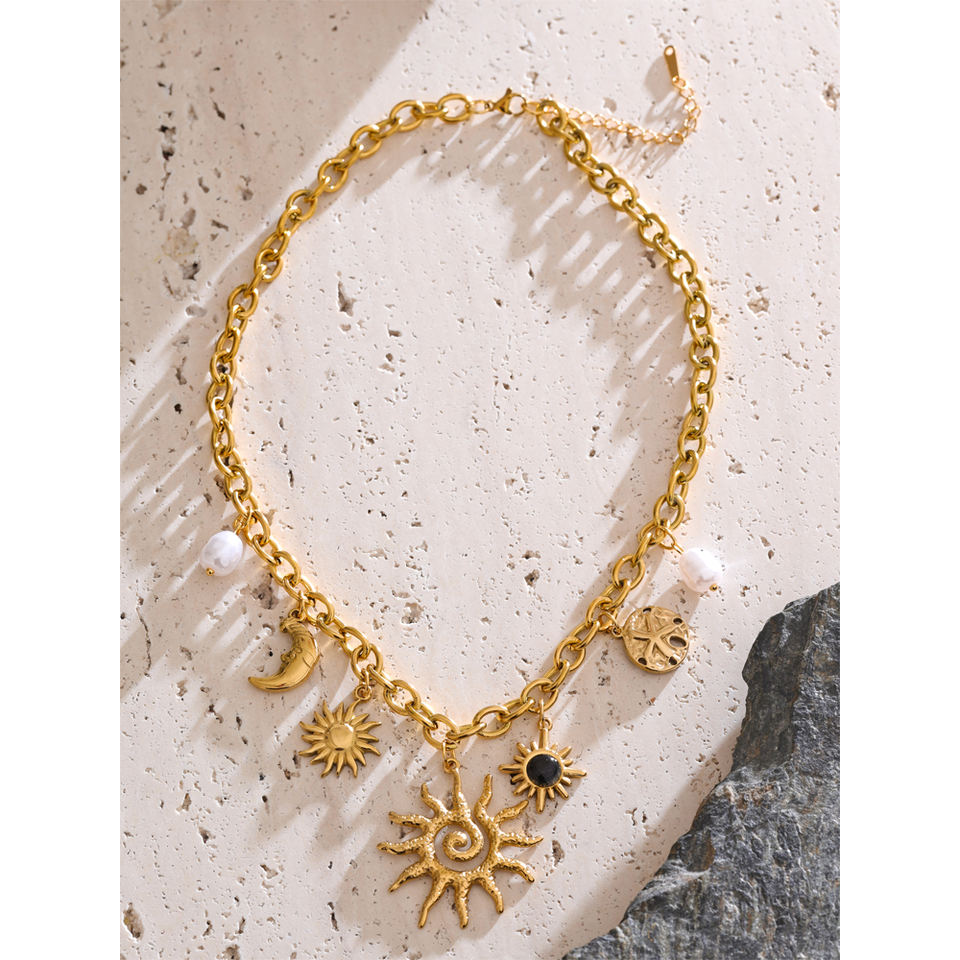 JINYOU 1969 Statement Stainless Steel Golden Chain Fashion Jewelry Hot Style Starfish Moon Sun ...