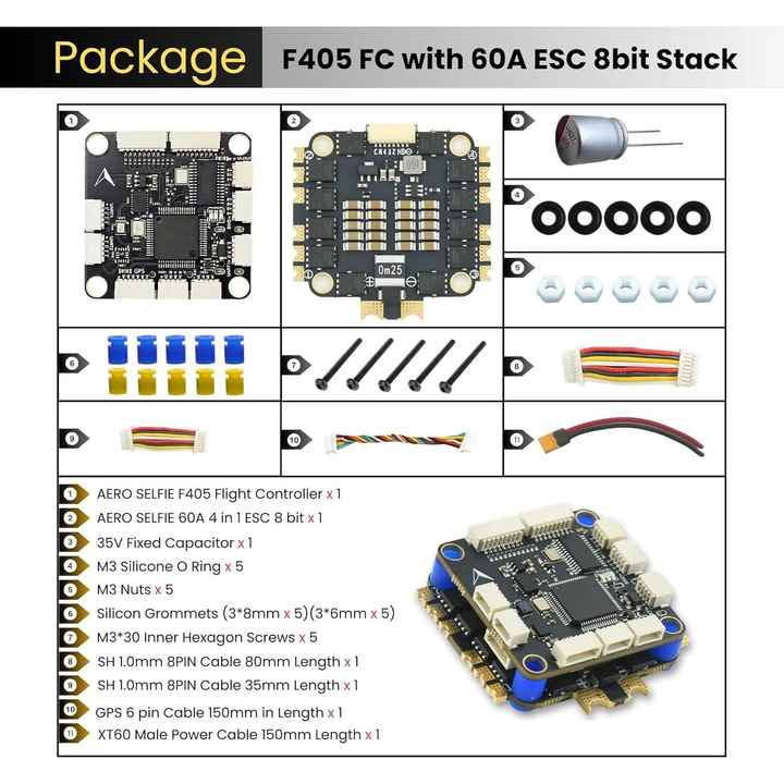 AERO Selfie F405 Flight Controller with 60A 8-bit ESC 30x30 Stack for 2 ...