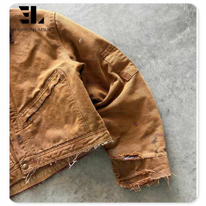 LARSUR Custom Distress Dirty Wash Heavy Duck Canvas Boxy Work Jacket ...