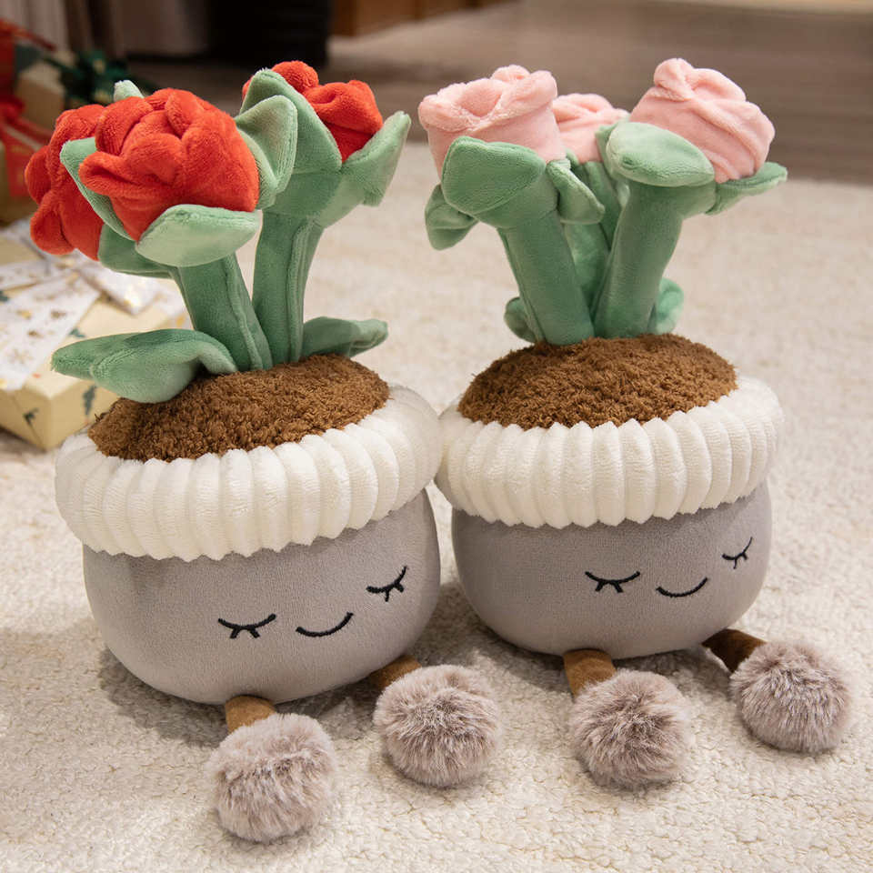 Custom Cartoon Simulation Rose Flower Pot Plush Toys Red Rose Figurines ...