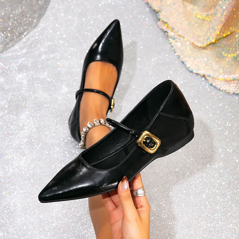Ladies' Elegant Hidden Wedge PU Leather Mary Jane Dress Flats with Gold ...