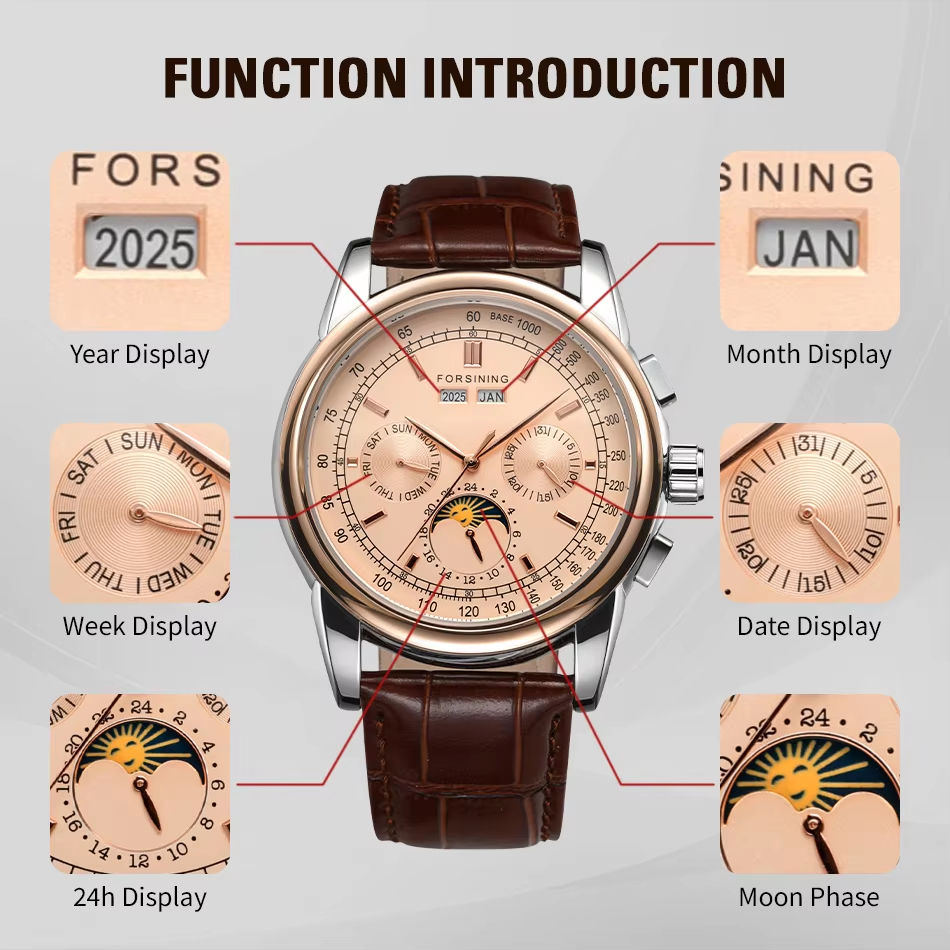 Forsining Moon Phase Shanghai Movement Rose Gold Brown Genuine Leather ...