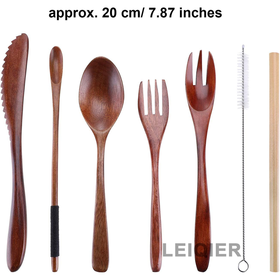 Custom Logo Wooden Bamboo Travel Utensils Set with Khaki Bag Includes ...