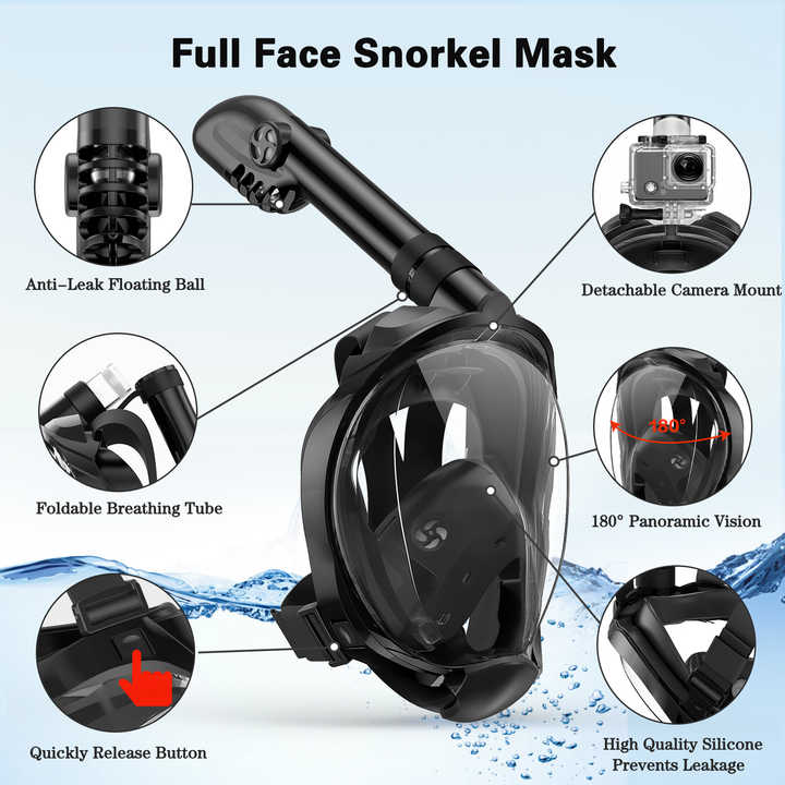 Anti Fog Full Face Diving Mask - 180 Degree View Snorkel