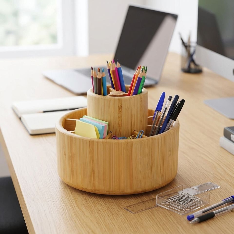 Bamboo Rotating Art Supply Desk Organizer Desktop Storage Caddy Pen ...