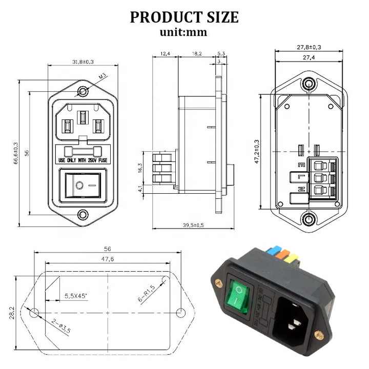 IEC C14 10A 250VAC AC Socket AC Inlet Power Socket Led Rocker Switch ...