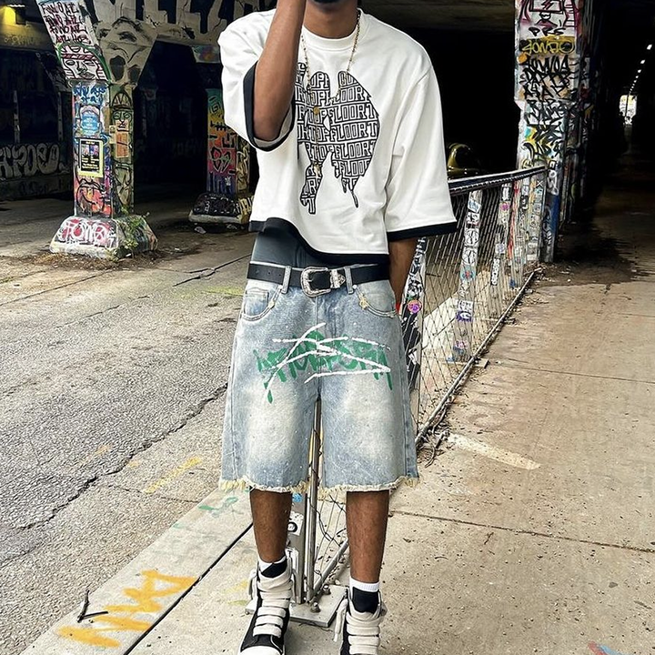 Custom Y2k Streetwear Knee Length Rhinestone Graffiti Flared Baggy ...