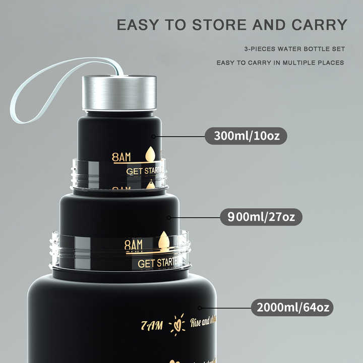 3pcs Plastic Water Bottle Set with Time Marker Big Capacity Gym Sport Water Bottle 2000ml PP Lid ...