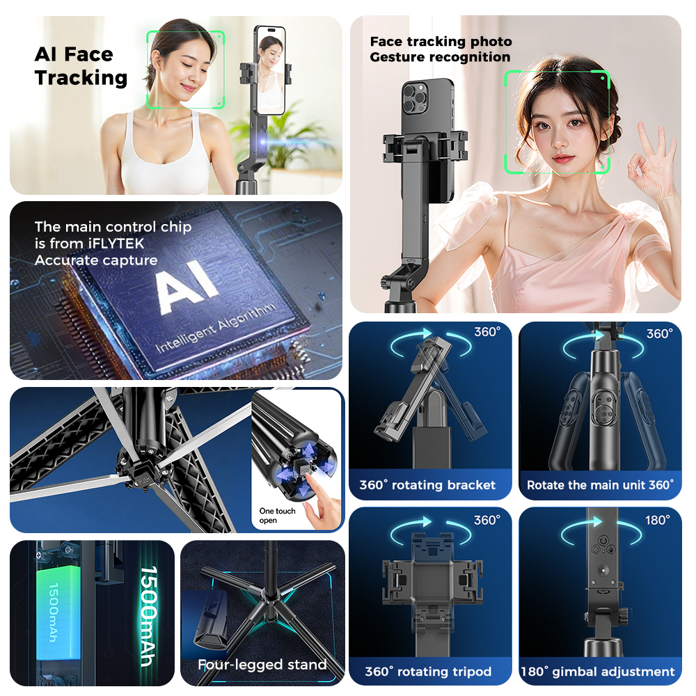 360 Auto Rotating Tripod Stand - AI Face Tracking, Foldable Design