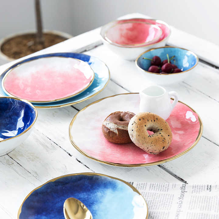Blue pink gradient dinnerware set with gold rim colorful crockery ...