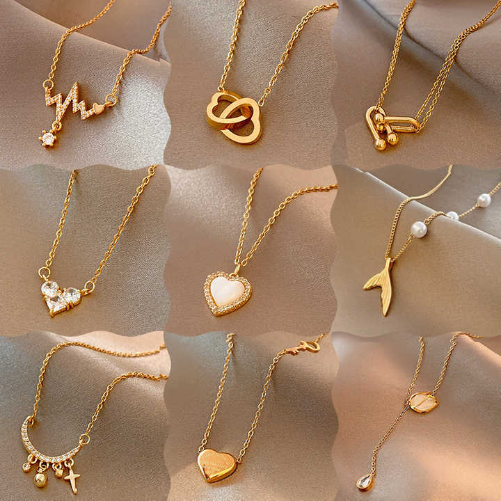 Finetoo Fashion Stainless Steel Butterfly Star Moon Heart Bow Pendant Necklace Women Gold Simple Zircon Pearl