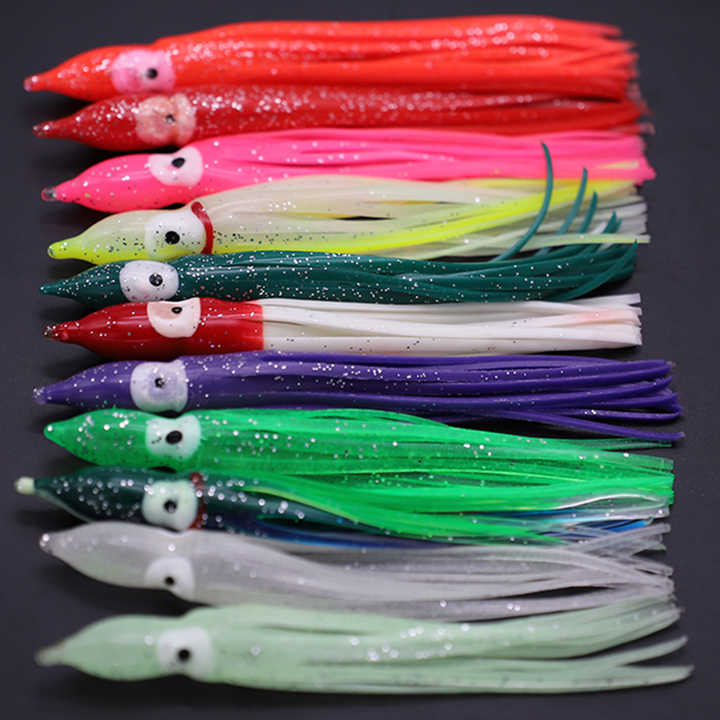Soft Plastic Octopus Hoochie Squid Skirts Fishing Lures Trolling Soft Silicone Rubber Glowing ...