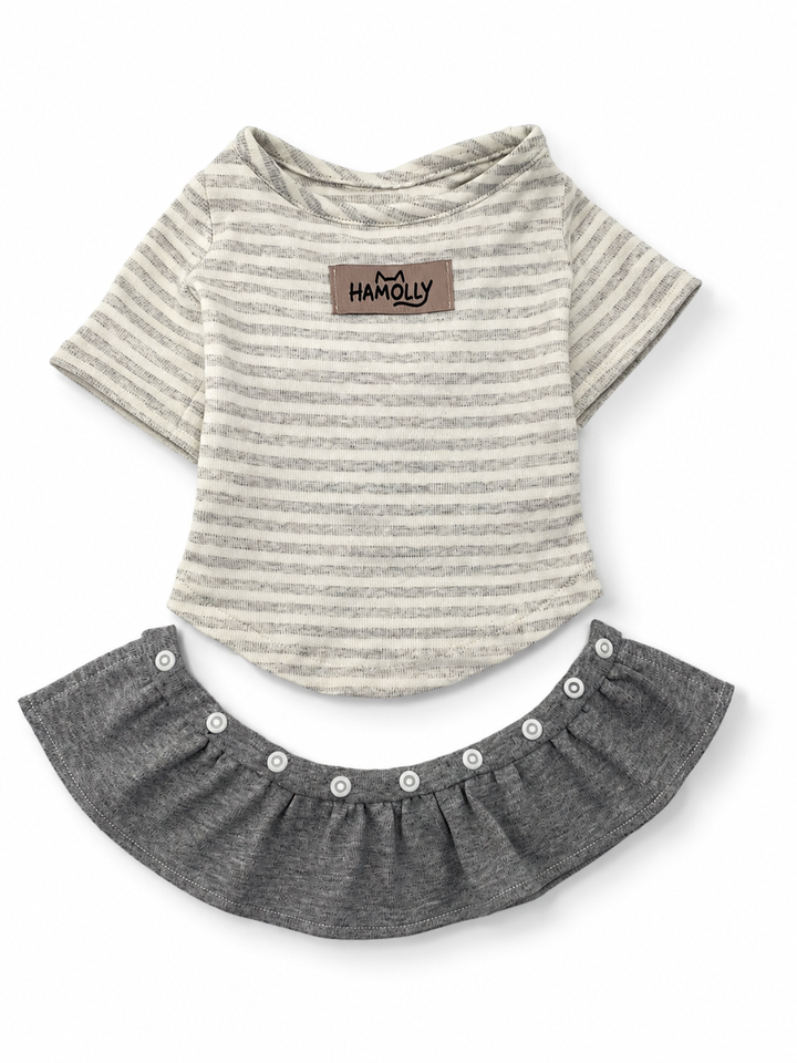 Hamolly Cream Stripe Cat Dress with Grey Ruffle Skirt and Hidden Leash ...