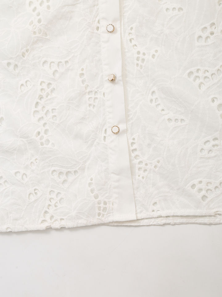 Embroidery Eyelet White Color Long Sleeve Turn Down Collar Casual ...