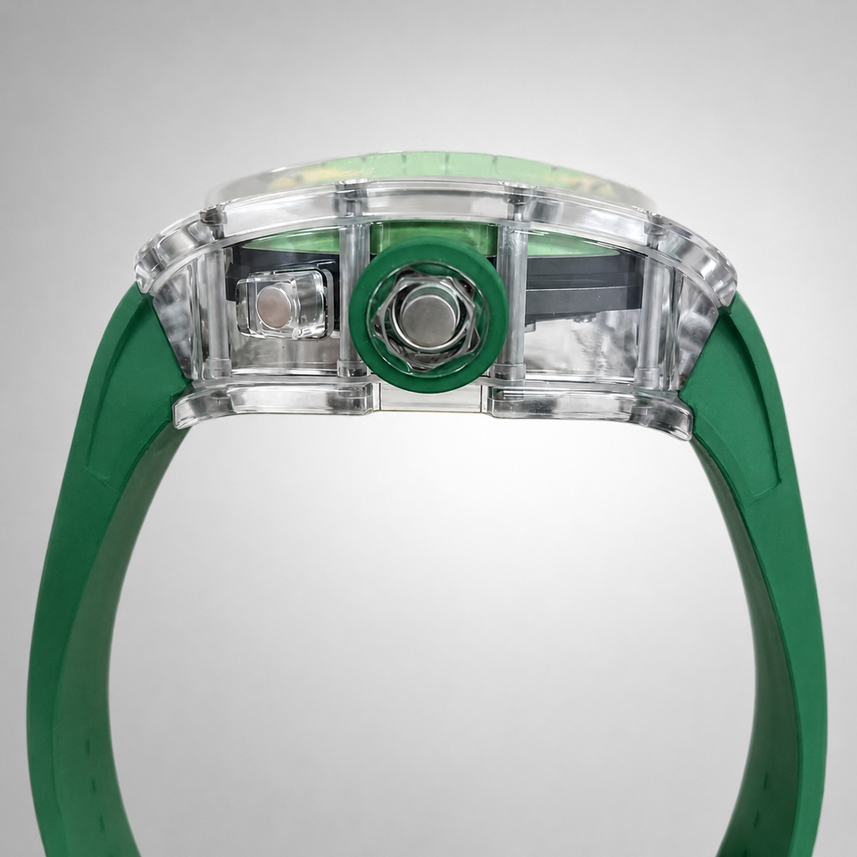 Premium Gift Set Transparent Mechanical Watch Green Rubber Strap ...