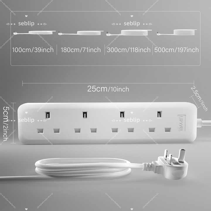 4 Gang White UK Power Socket Flat Plug 13A Fused Plug Power Strip 1-5M ...