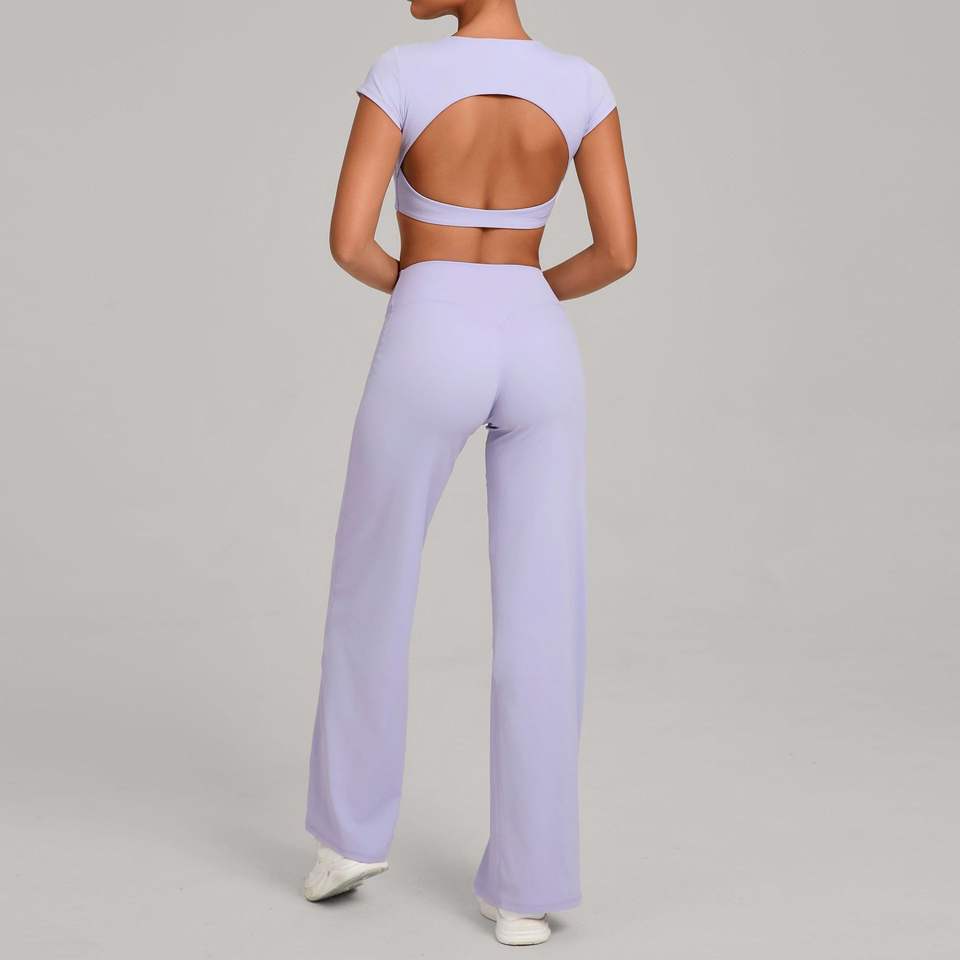 Yoga Set Custom Hollow-back Short-sleeve Belt with Bra Pads Straight ...