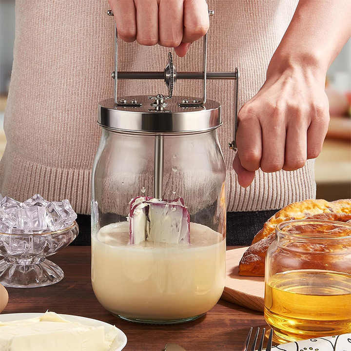 New Homemade 1500ml Glass Butter Churner Jar with Manual Mixer