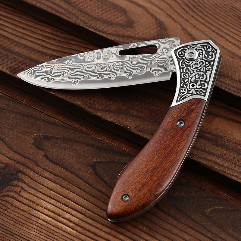 Bochen Customizable Damascus Steel Folding Pocket Knife with Wooden ...
