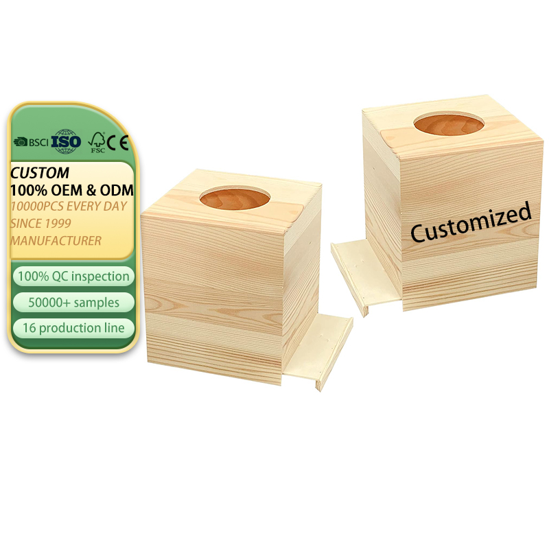 Wholesale High Quality Wooden Square Tissue Box Cover for Crafts 5.1x5.1x6 in Unfinished Wood Tissue Holder Wooden Box