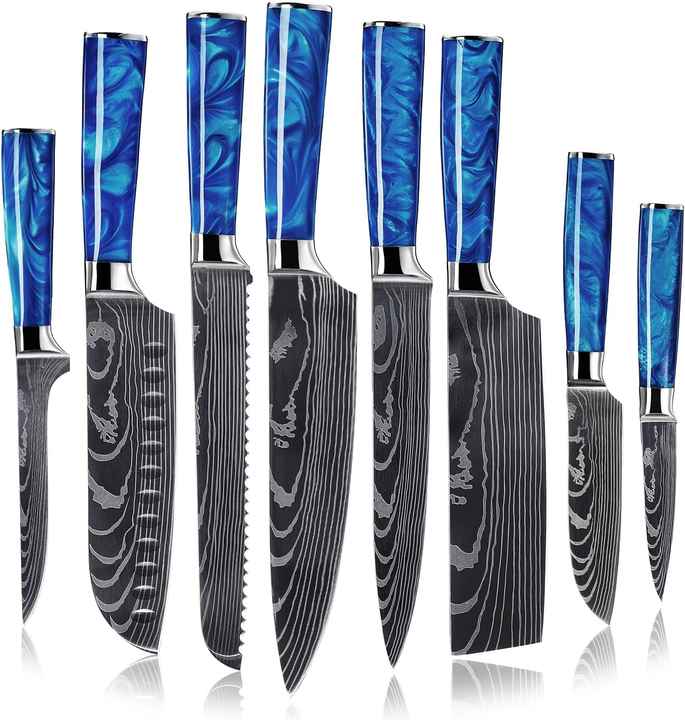 Luxury Blue Resin Handle Laser Damascus Blades Stainless Steel Santoku ...