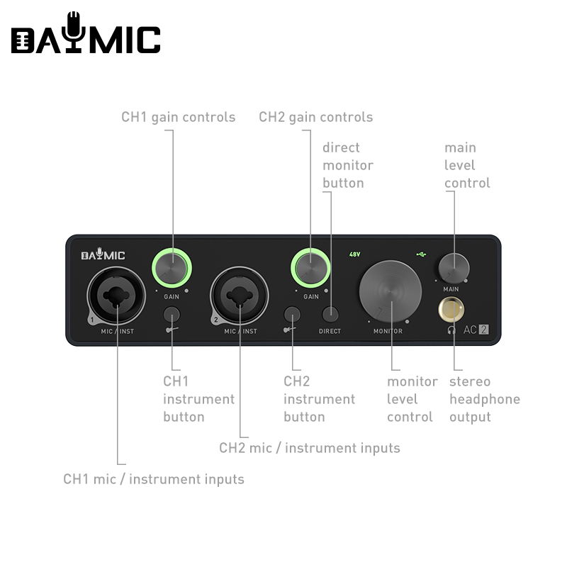Professional audio interface portable usb sound card mixer 48V ...