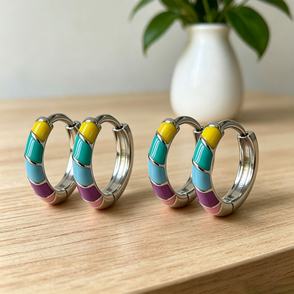 Women's Trendy Silver Plated Hoop Fashionable Colored Drip Oil ...