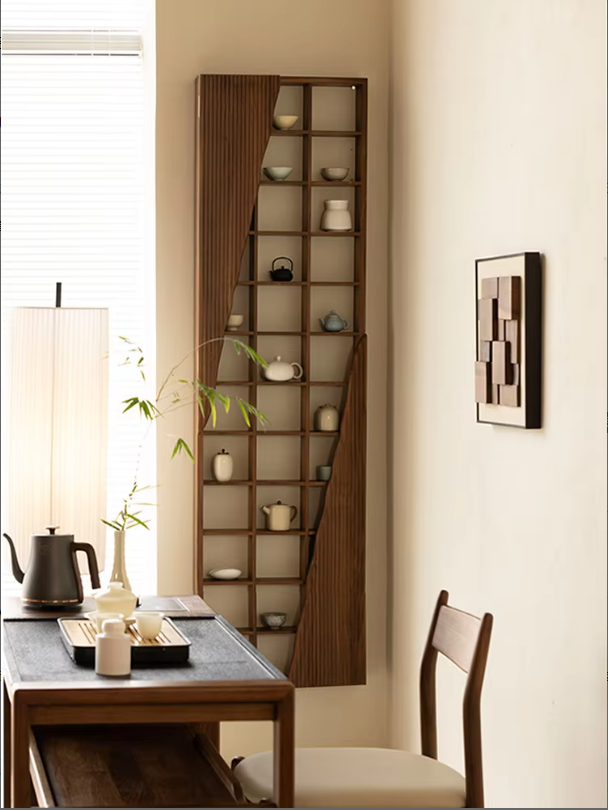 Black Walnut Wall-Mounted Tea Cups Holder Shelf with Hooks Rustic Wabi ...