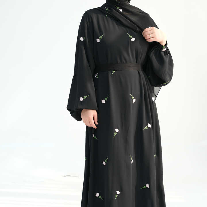Loriya 2025 Black Abaya Flower Embroidery Nida Women Maxi Dress With Pockets Modest Muslim ...