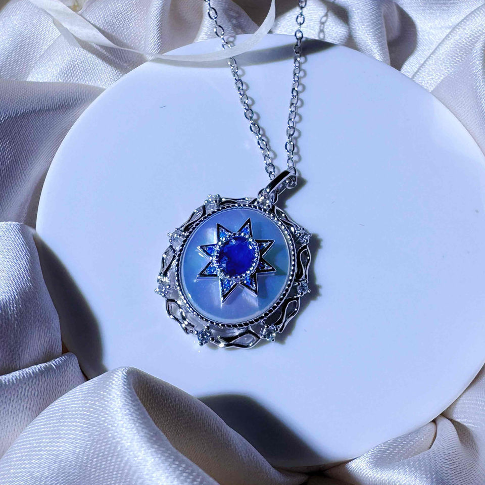 Bohemian Claw Setting Sapphire Pendant Necklace with Star Inlaid Shell ...