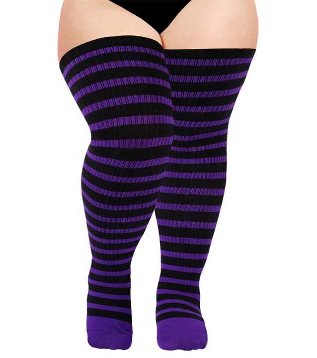 Extra Long Striped Knitted Thigh High Socks for Plus Size Women