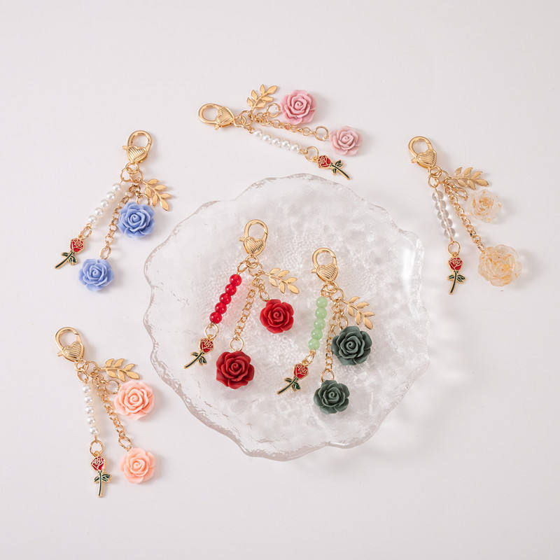Cartoon Style Rose Flower Keychain Tassel Rose Pendant Key Ring & Bag ...