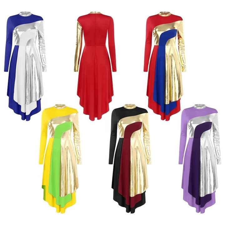 Womens Liturgical Worship Dance Dresses Contrast Color Patchwork Long ...