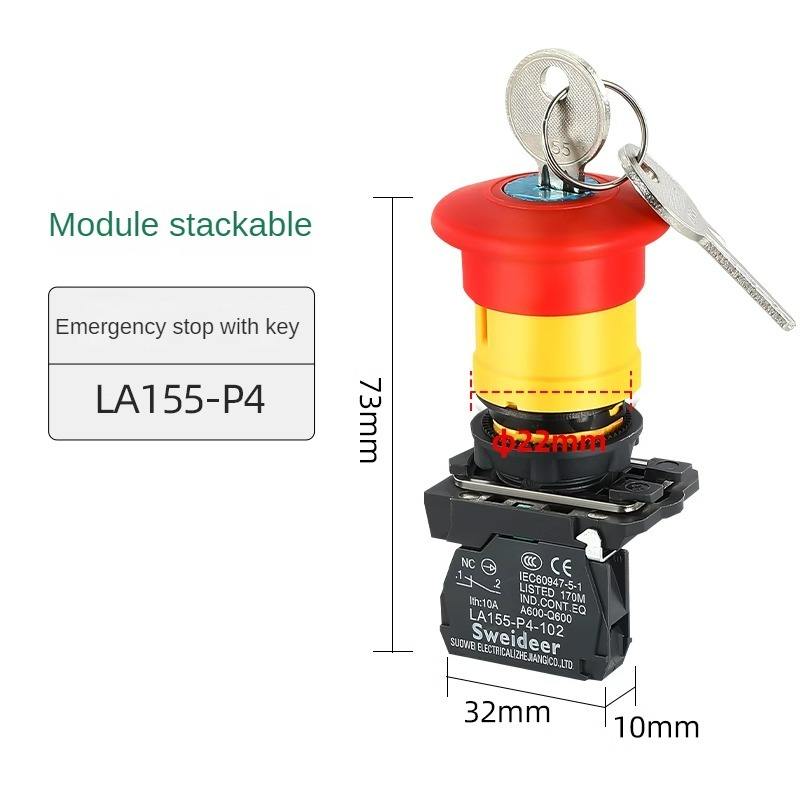 22mm Emergency Stop Switch with Key 2/3 Position Self-Return Panel ...