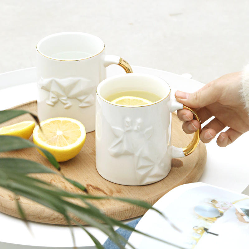 Modern Northern Embossed Gold-Rimmed Porcelain Mug with Customizable ...