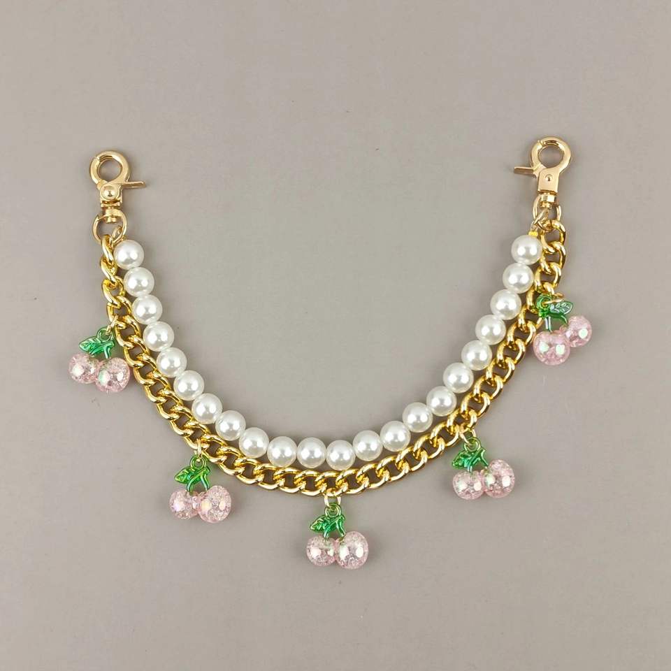 DIY Detachable Double Layer Pearl Bead Cherry Charm Gold Metal Bag Key ...