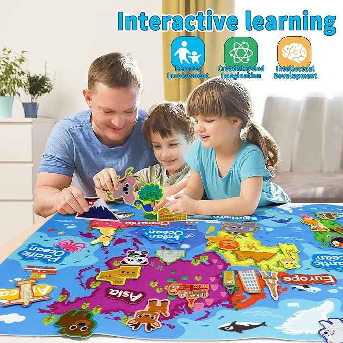 Reusable World Felt Set Felt World Map with World Famous Sights ...